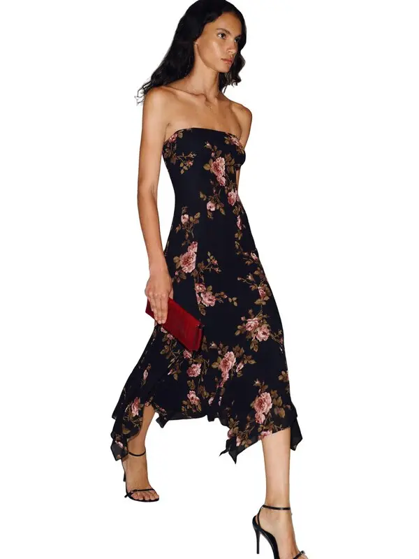 REFORMATION Petites Angeles Strapless Floral Print Midi Dress - Black