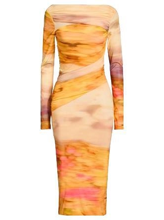 Pinko Bodycon Midi Dress With Long Sleeves And Abstract Print - Orange