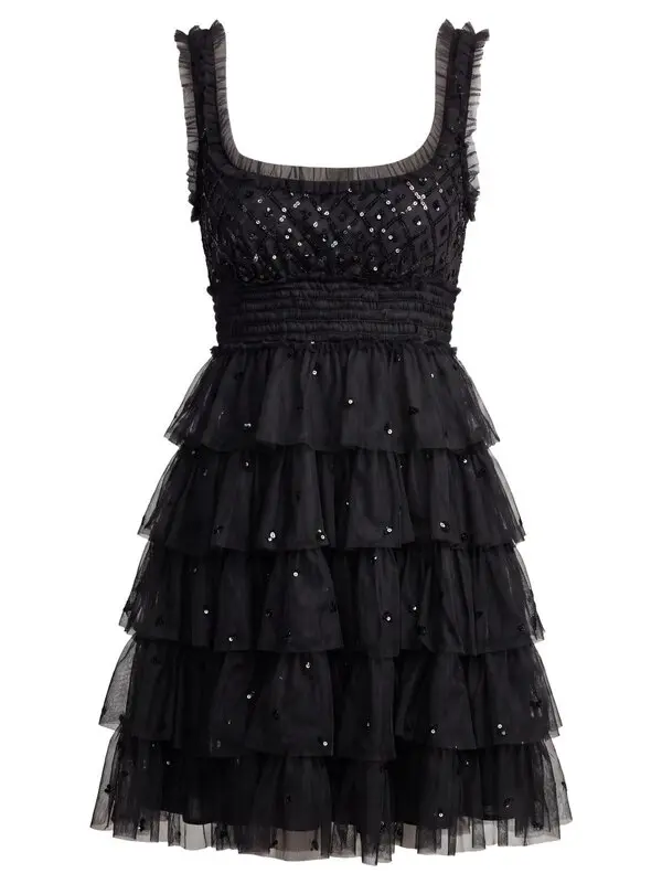 Mac Duggal Tulle Sleeveless Square Neck Ruffle Mini Dress - Black
