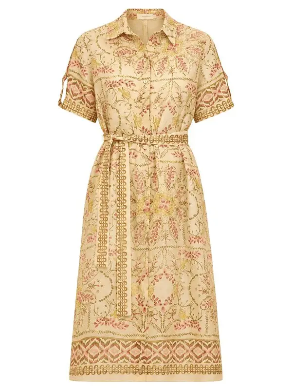 EXQUISE Printed Ramie Midi Shirt Dress - Gold/yellow