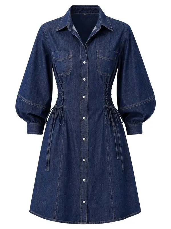 EXQUISE Adilene Long Sleeve Denim Mini Dress - Blue