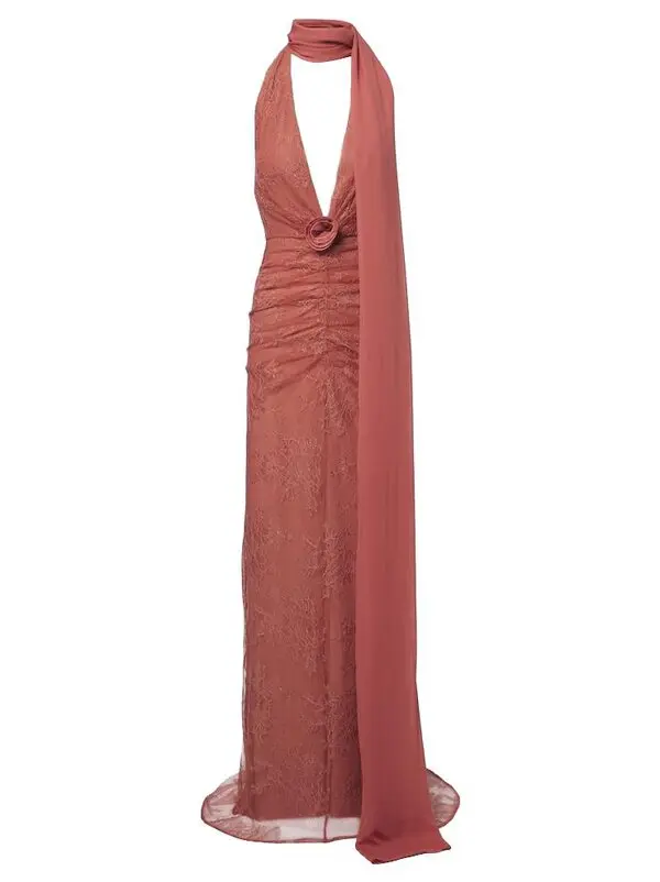 DE LA VALI Amora Ruched Scarf-detail Lace Maxi Dress - Pink