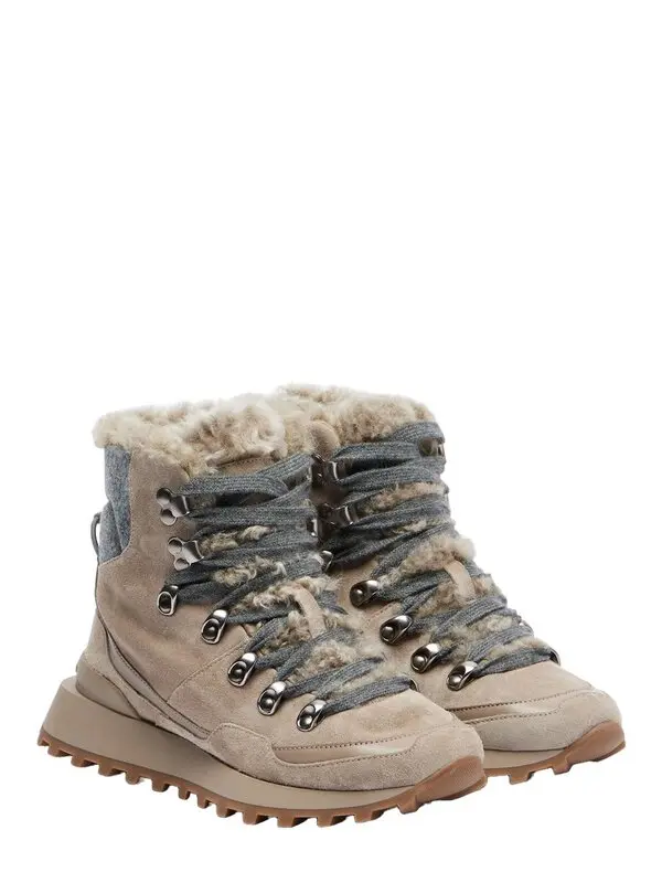 Brunello Cucinelli Monili Shearling-trimmed Suede Ankle Boots - Beige