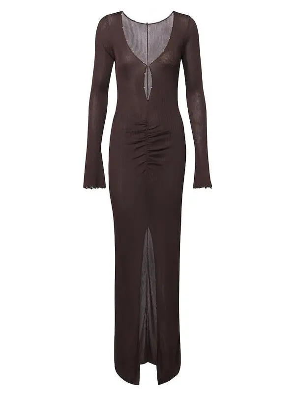 DE LA VALI Elisia Ribbed-knit Ruched Maxi Dress - Brown