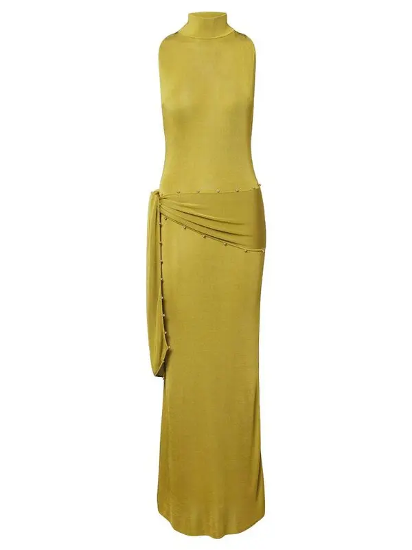 DE LA VALI Belted Embellished Maxi Dress - Green
