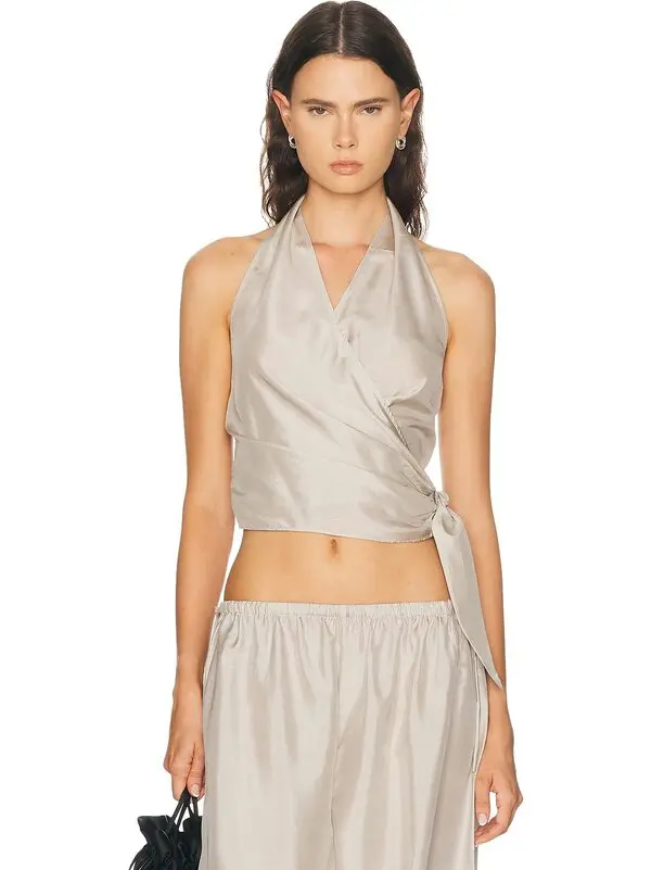 ST. AGNI Silk Halter Wrap Top - Soft Ash