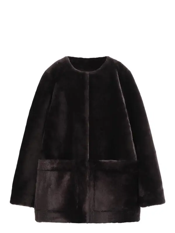Cos Collarless Shearling Jacket - Brown