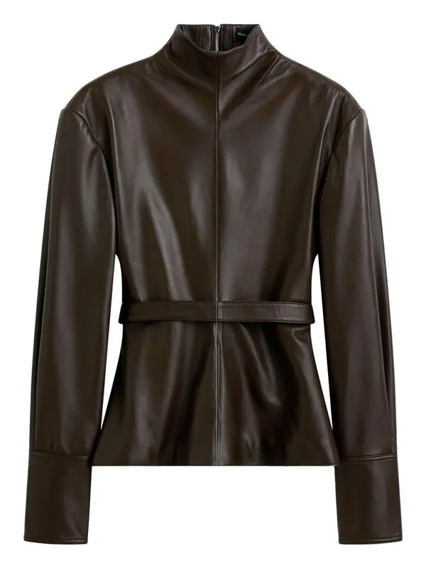 Scanlan Theodore Leather Funnel Neck Top With Belted Peplum - Cafe