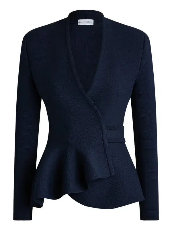 Scanlan Theodore Crepe Knit Wrap Peplum Jacket - Navy