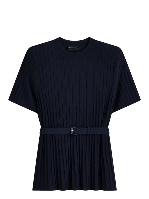 Scanlan Theodore Pleated Rib Shoulder Pad Top With Detachable Belt - Navy
