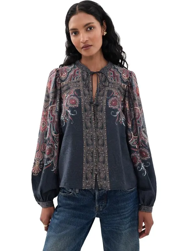 Sea Hyacinth Paisley Print Puff Sleeve Top - Navy