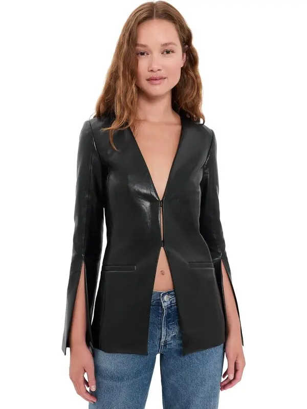 Alice + Olivia Venita Faux Leather Collarless Blazer - Black