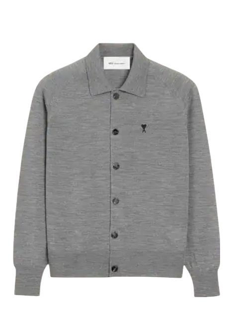 AMI Paris Merino Wool Cardigan With De Coeur Embroidery - Grey