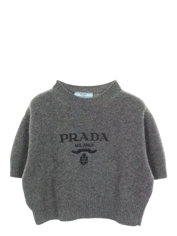 Prada Logo Embroidered Crew Neck Short Sleeve Sweater - Grey