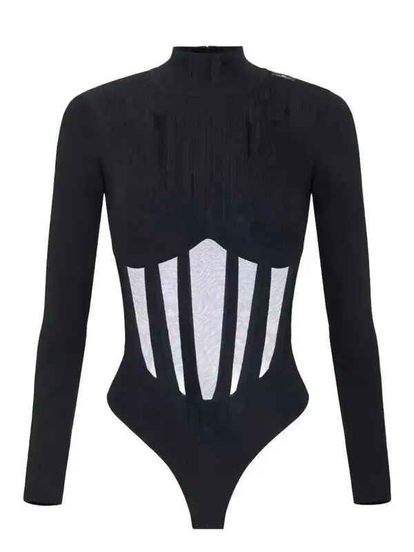 Elisabetta Franchi Knit Bustier Bodysuit With High Collar And Sheer Paneled Detailing - Black