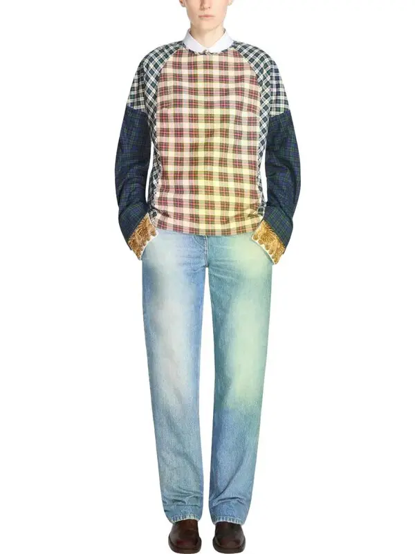 Dries Van Noten Cotton Contrast Plaid Long Sleeve Top - Neutrals