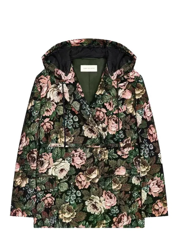 Dries Van Noten Floral Jacquard Peacoat - Black
