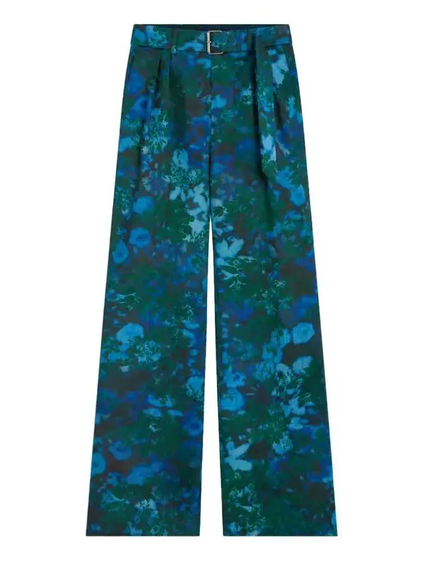 Dries Van Noten Belted Floral Jacquard Wide-leg Pants - Blue