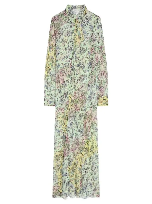 Dries Van Noten Long Jacquard Shirt Dress With Floral Patchwork - Green