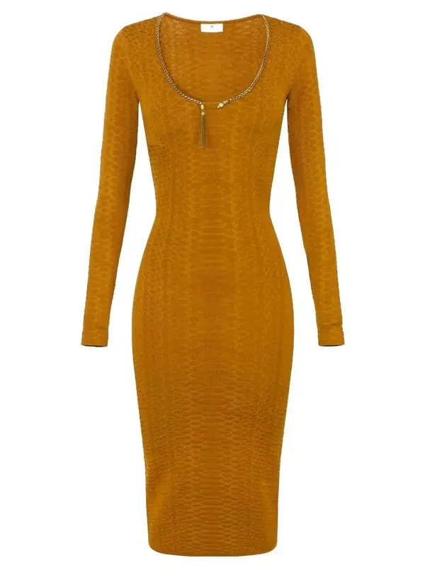 Elisabetta Franchi Midi Knit Dress With Snake Pattern - Yellow