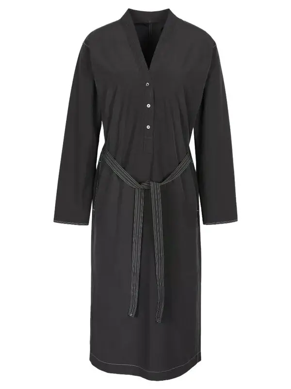 LESS Belted Long-sleeve Midi Dress With Contrast Stitching - Black