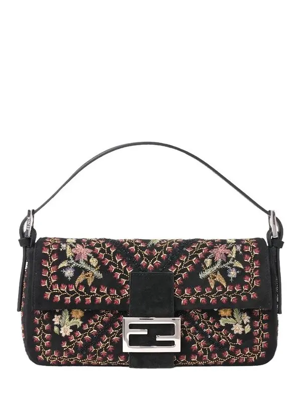Fendi Baguette 26424 Embroidered Black Suede Bag - Multicolour