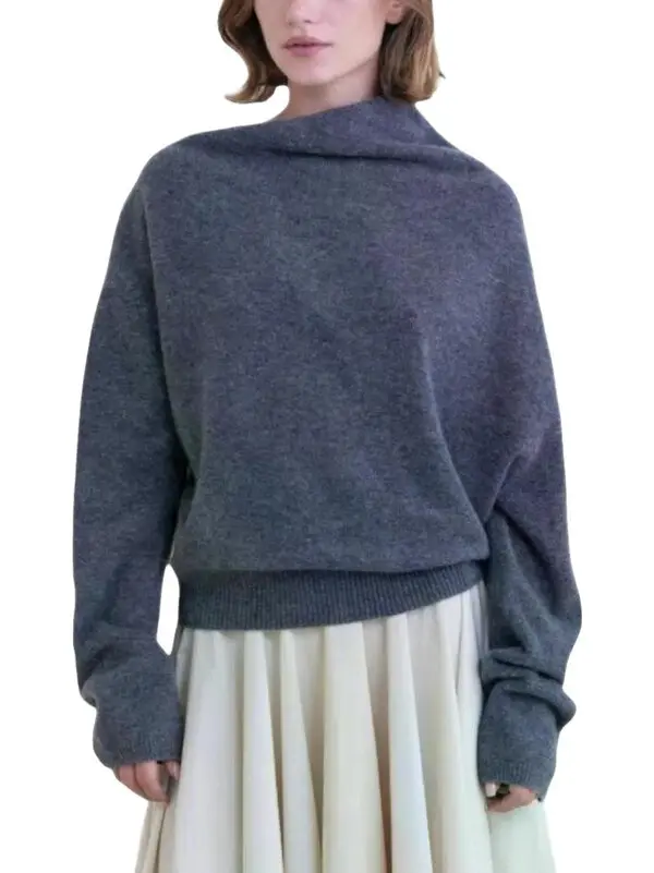 BELLE ANNA Asymmetric Neck Fine Knit Sweater - Grey