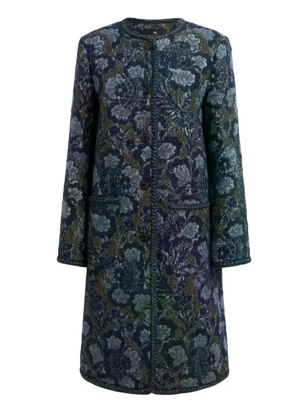 Etro Cotton-blend Bouclé Jacquard Coat With Floral Motif - Blue