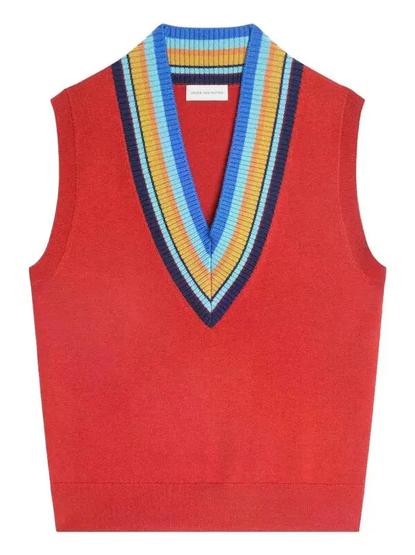 Dries Van Noten V-neck Wool Vest With Striped Collar - Red