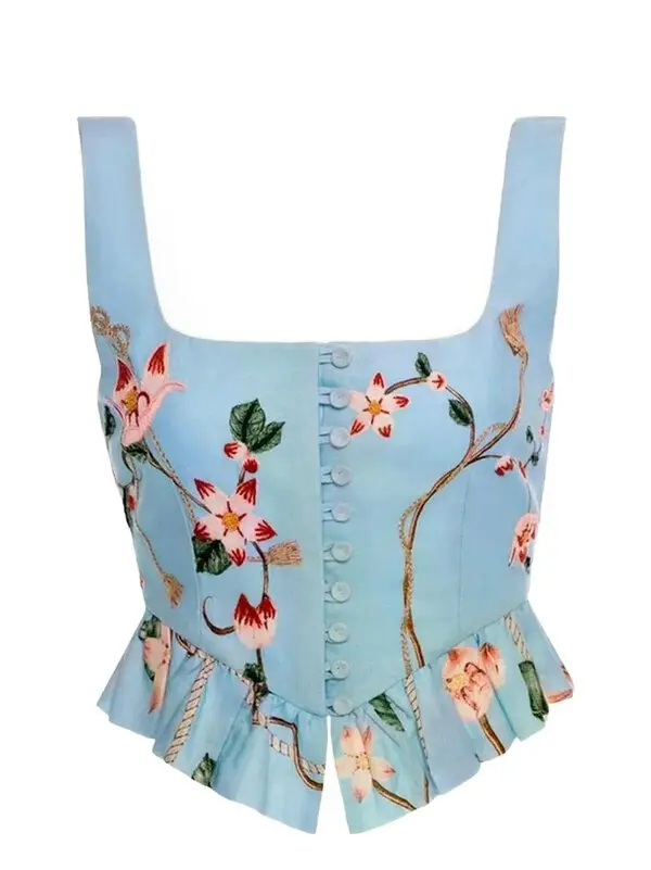 Agua Bendita Embroidered Linen Blouse - Blue