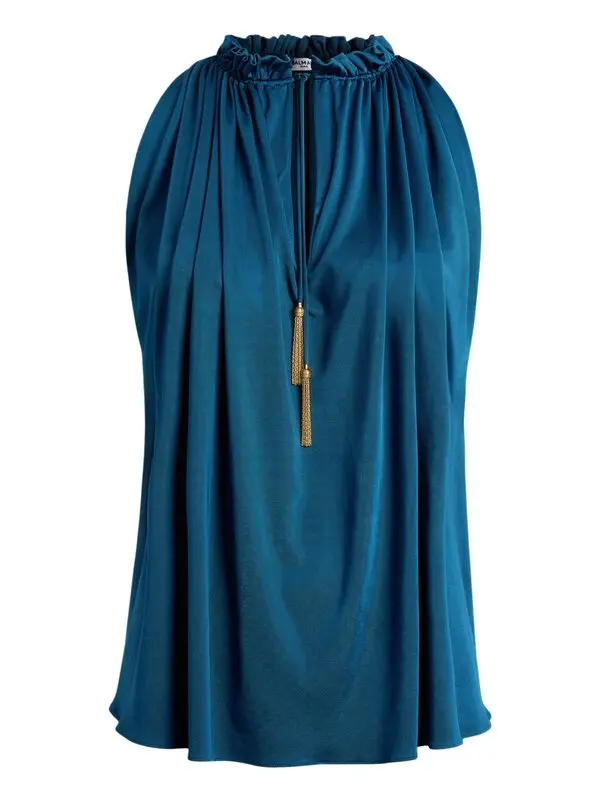 Balmain Jersey Pleated Sleeveless Top With Metallic Tassels - Blue
