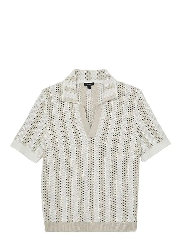 REISS Globe Crochet Stripe Cotton-blend Polo Shirt - Stone White