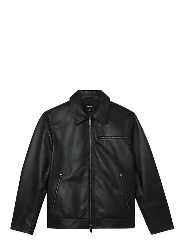 REISS Strader Zip-through Leather Jacket - Black