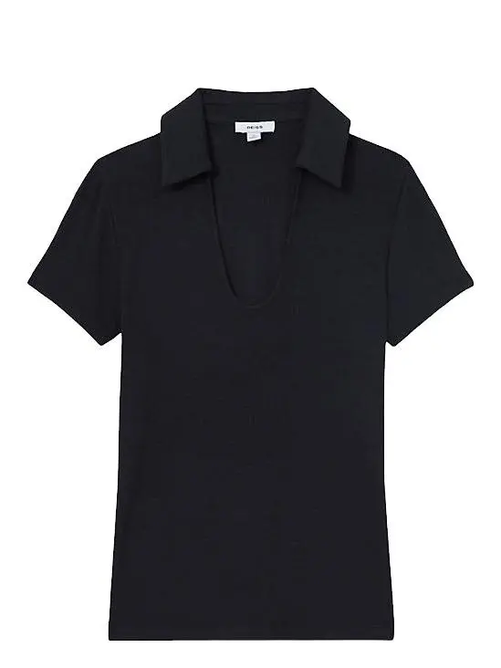 REISS Daria Scoop-neck Stretch-jersey Polo - Navy