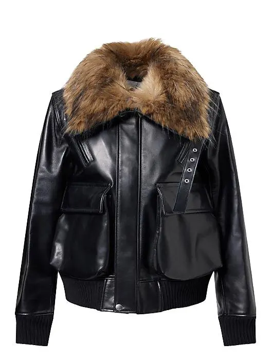 Sacai Leather Bomber Jacket With Faux Fur Collar - Black