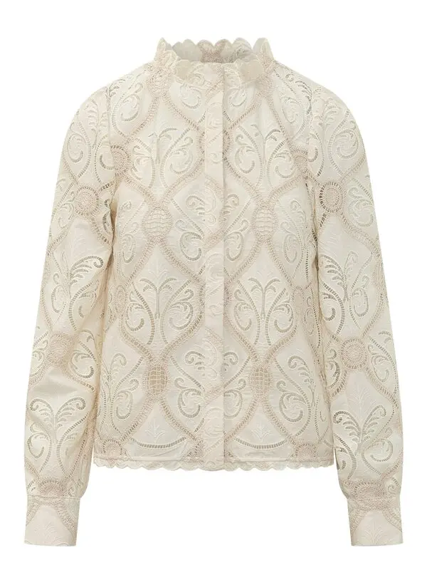 Farm Rio Graphic Lace Long-sleeve Blouse - Off-white