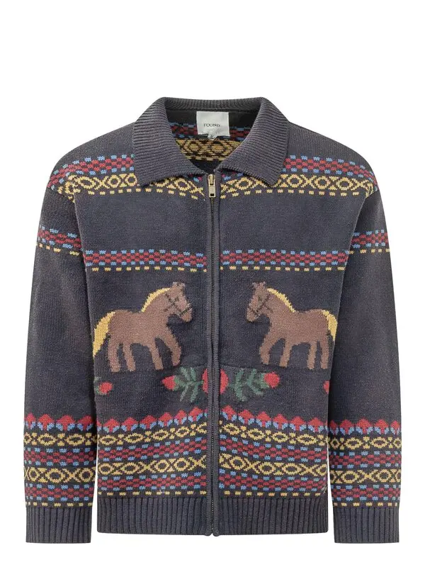 FOUND Isles Zip-up Fair Isle Knit Sweater With Horse Motif - Navy