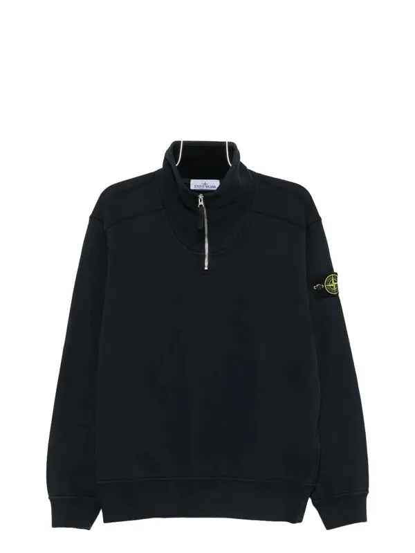 Stone Island Standard Collar Cotton Sweatshirt With Short Zip & Ribbed Placket, Ribbed Cuffs And Hem - Blu