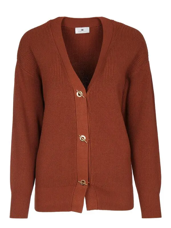 Elisabetta Franchi Ribbed Knit Button-detailed Cardigan - Sigaro