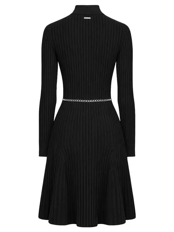 Michael Kors Ribbed Mock Neck Sweater Dress With Chain Belt - Black