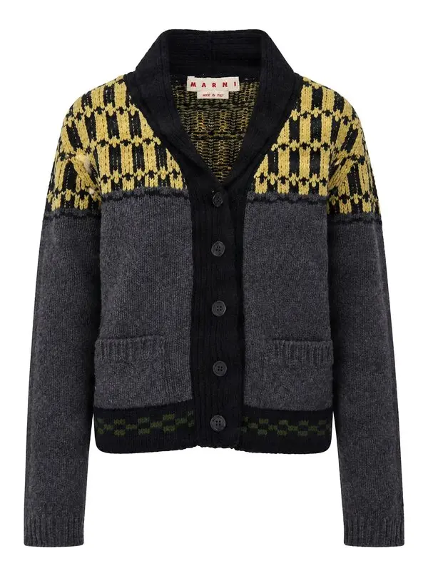 Marni Geometric Knit Shawl Collar Cardigan - Graphite
