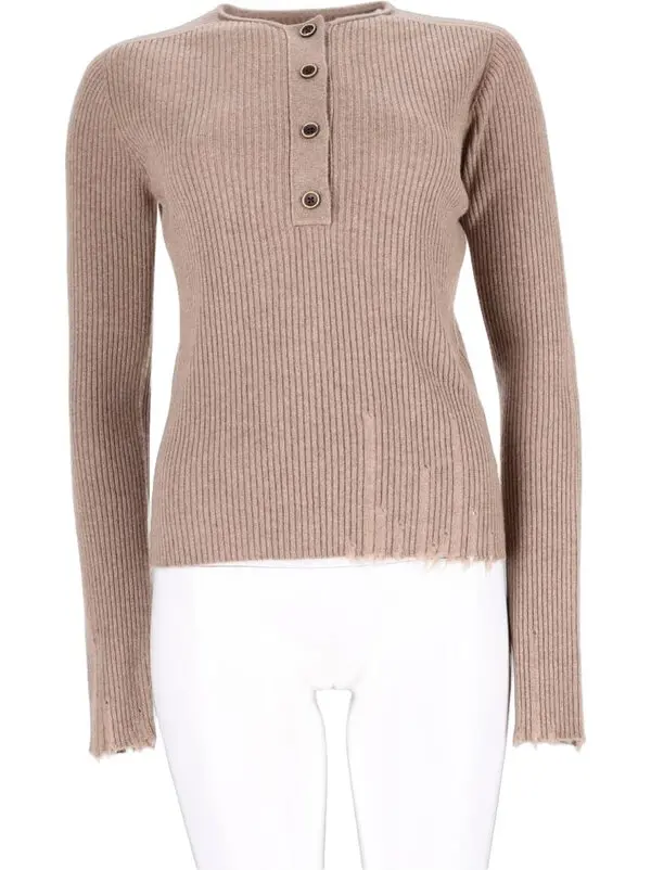 UMA WANG 100% Cashmere Ribbed Knit Button Detailed Top - Beige