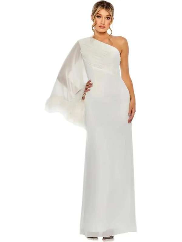 Mac Duggal Feather Cuff One Shoulder Gown - White