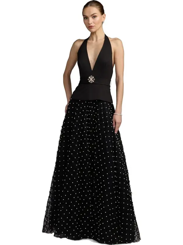 Mac Duggal Petite Halter Pearl Embellished A-line Gown - Black