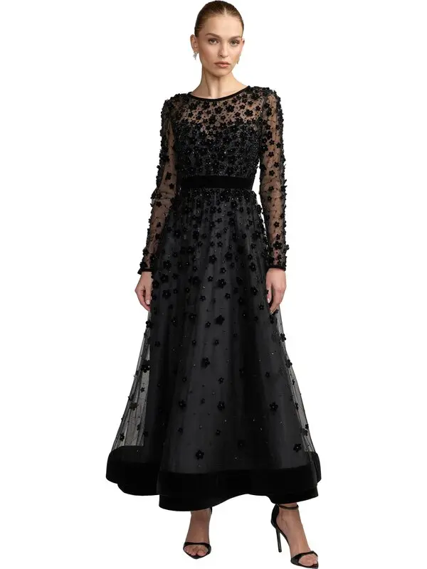 Mac Duggal Embellished Floral Maxi Dress With Velvet Waistband - Black