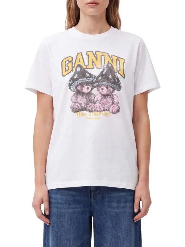 GANNI Teddy Bear & Logo Print Organic Cotton T-shirt - White