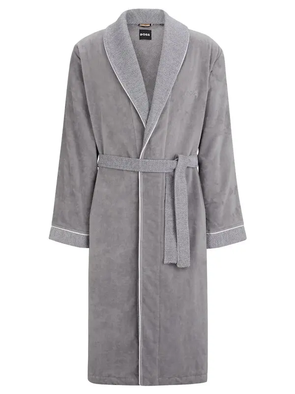 BOSS Cotton Velvet Dressing Gown With Textured Trims - Grey