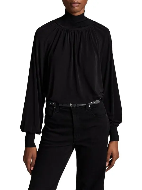 Vince Rib-trim Gathered Long-sleeve Turtleneck Top - Black