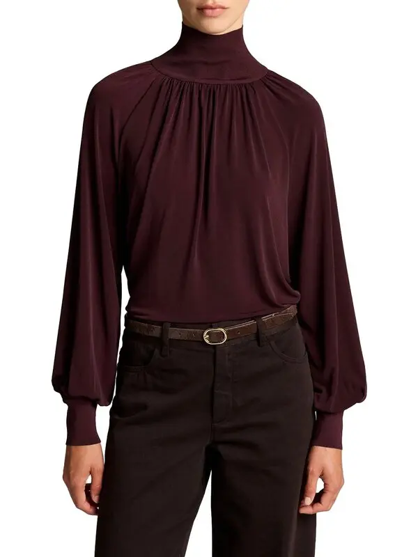 Vince Rib-trim Gathered Long-sleeve Turtleneck Top - Plum