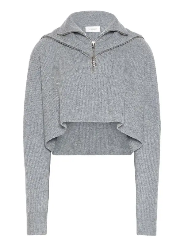 Max Mara Cropped Wool & Cashmere Sweater With Zip Neck - Medium Grey
